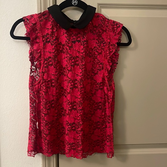 Zara | Tops | Zara Lace Red Lace Top With Black Collar Size S ...